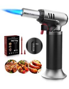 butane torch with fuel gauge,homitt refillable cooking torches with one-handed operation &safety lock,adjustable flame,fit all butane tanks kitchen culinary butane torch for cooking,baking,bbq