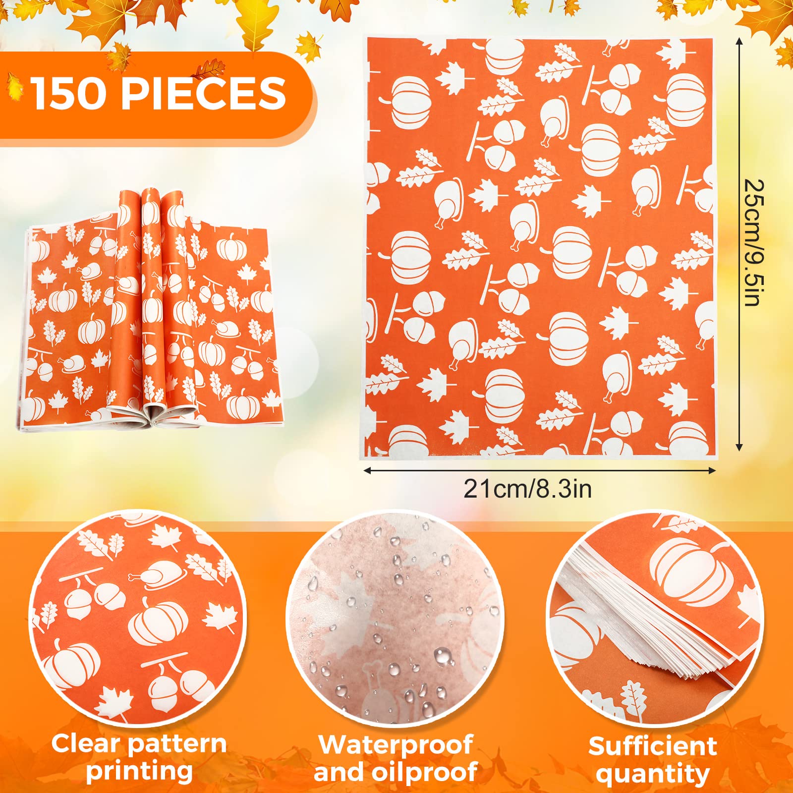 150 Pieces Autumn Wax Paper Sheets Food Wrap Paper Grease Resistant Paper Liners Thanksgiving Theme Waterproof Wrapping Tissue Food Picnic Paper for Home Kitchen(Pumpkin)