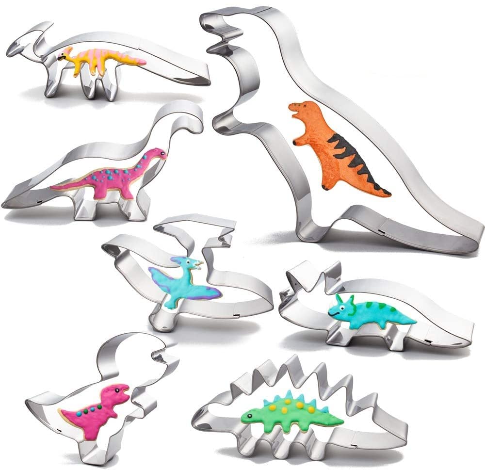 TINGSING Dinosaur Cookie Cutters, 7 Pieces Dinosaur Biscut Cutter Stainless Steel Dinosaur Shapes Baking Mold Fondant Candy Food Sandwich Cutters for Kids Dinosaur Theme Birthday Party Supplies