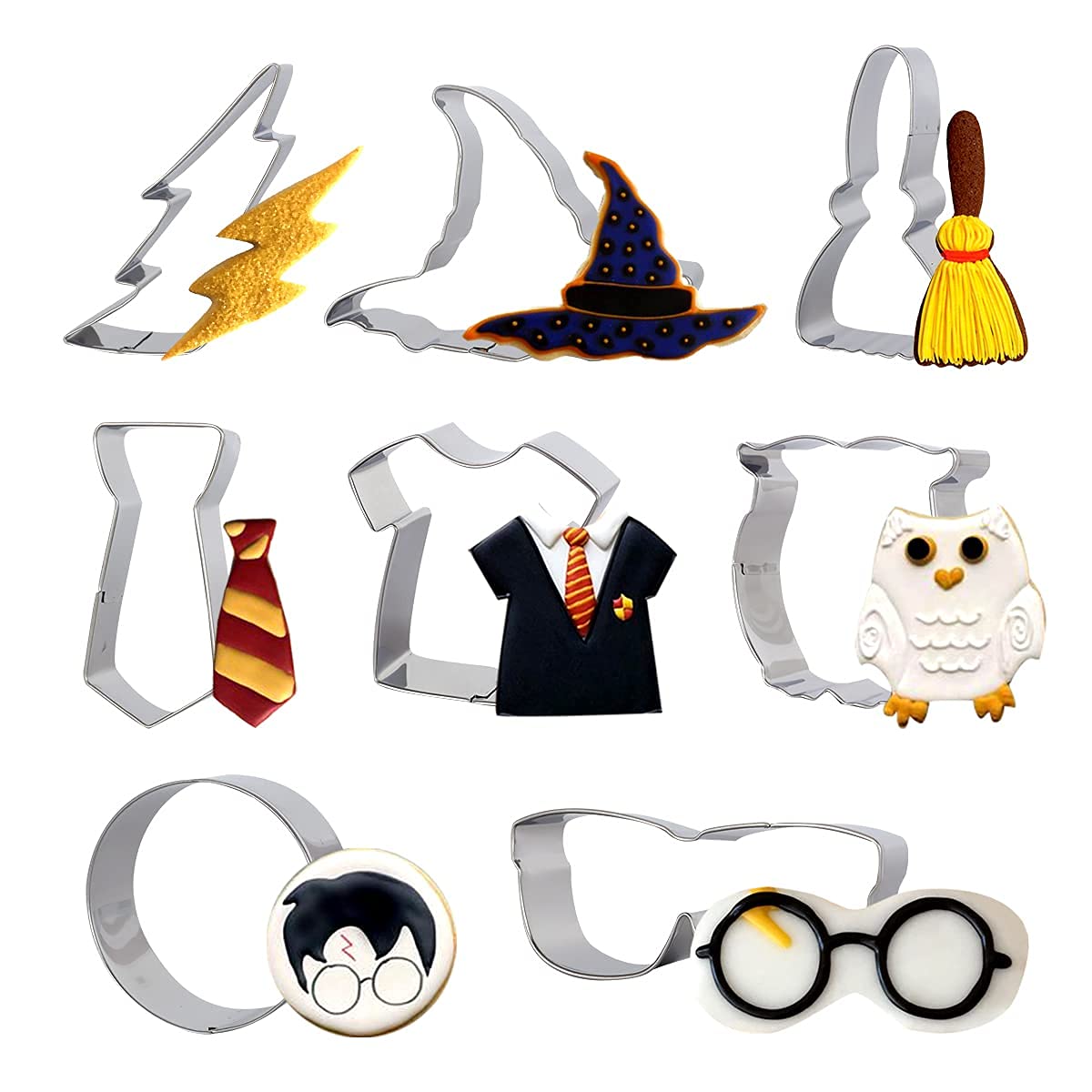 Fangleland Witch and Wizard Cookie Cutter Set Stainless Steel Owl Witch's Hat Broom Scarf Lightning Biscuit Fondant Molds for Baby Shower All Saints' Day Witches Party