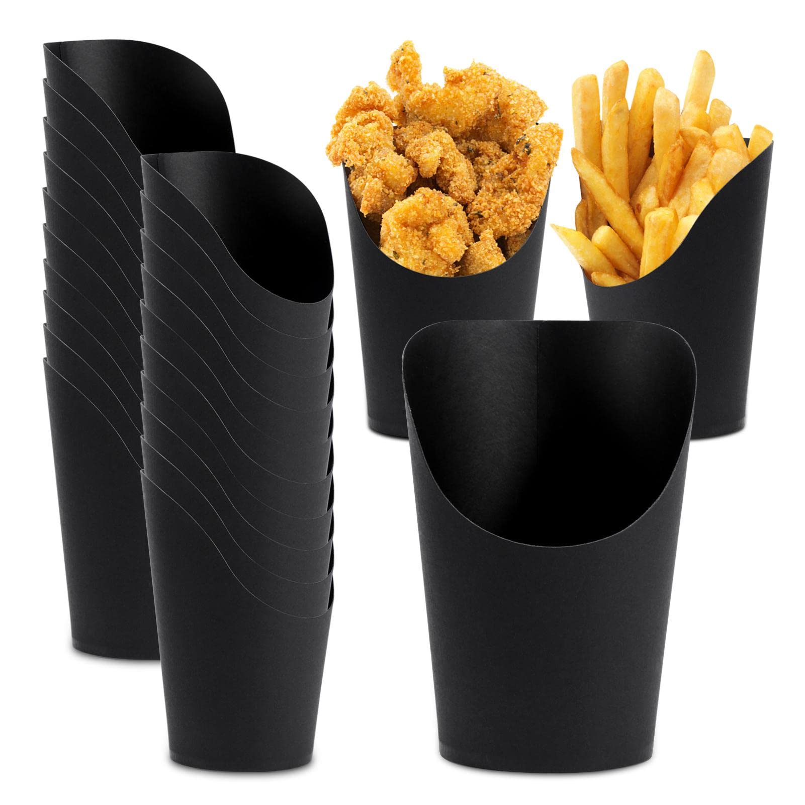 QWLWBU 100Pcs French Fries Holder 14oz Disposable Paper French Fry Cups Take Out Party Baking Waffle Paper Popcorn Boxes Charcuterie Cups for All Occasions(Black,Size:14oz)