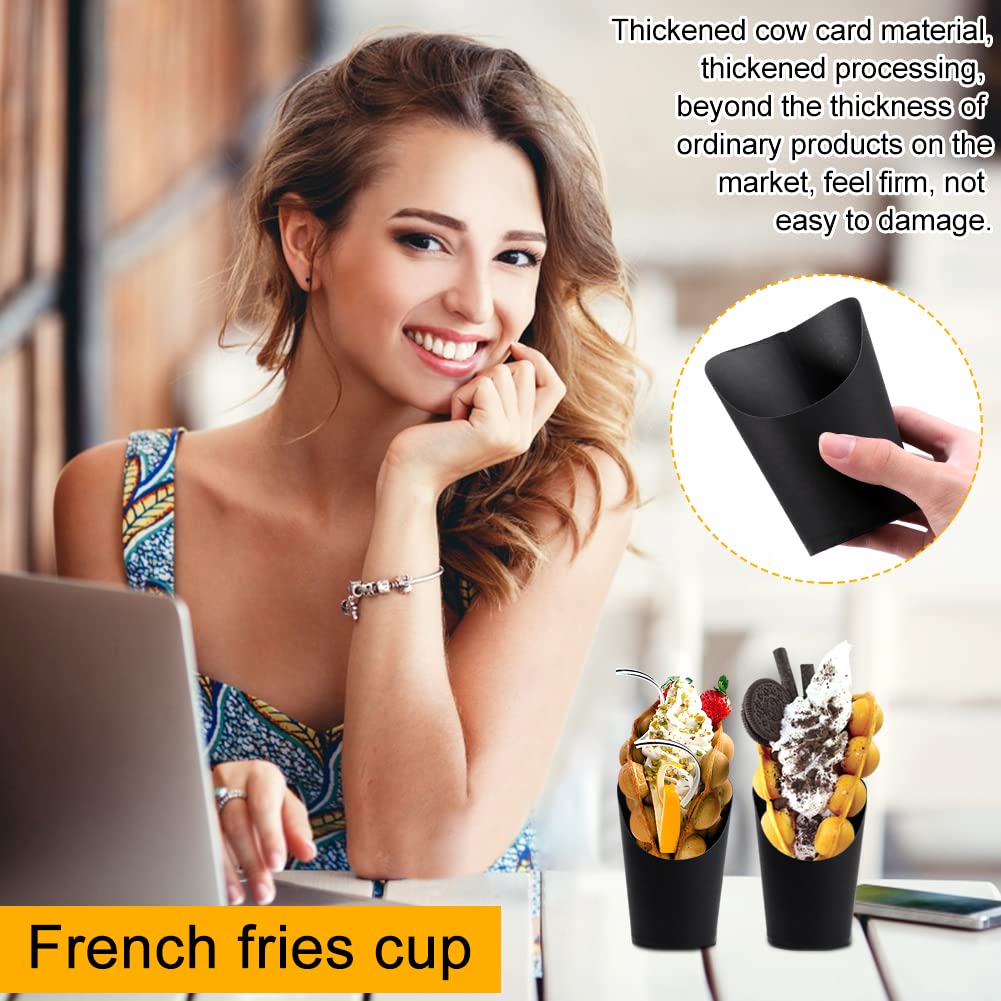 QWLWBU 100Pcs French Fries Holder 14oz Disposable Paper French Fry Cups Take Out Party Baking Waffle Paper Popcorn Boxes Charcuterie Cups for All Occasions(Black,Size:14oz)