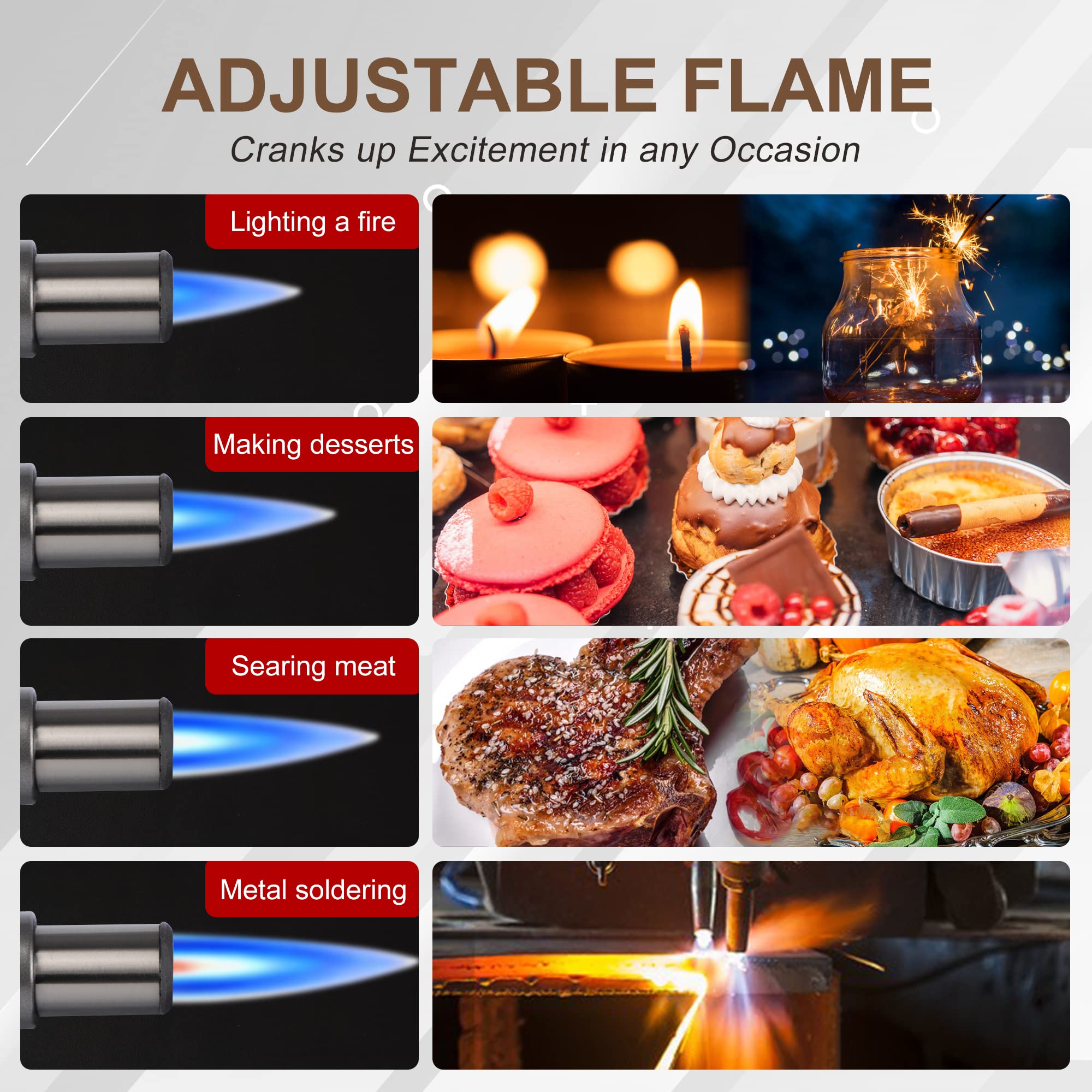 Butane Torch Lighter with Adjustable Flame, One Handed Blow Torch with Safety Lock, Refillable Cooking Torch for Creme Brulee, Grilling, Desserts, BBQ, Baking (Butane Gas Not Included), Black