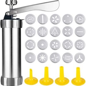 Cookie Press Kit with 20 Discs | Small Biscuit Maker Hand Press and Stamps for Cookies | 4 Icing Tips for Cake Decorating with Aluminum Cookie Gun