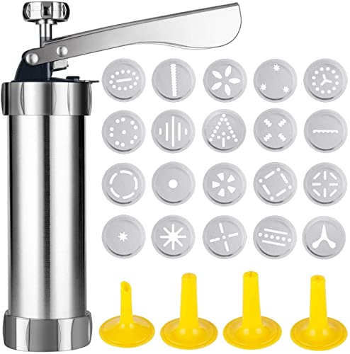 Cookie Press Kit with 20 Discs | Small Biscuit Maker Hand Press and Stamps for Cookies | 4 Icing Tips for Cake Decorating with Aluminum Cookie Gun