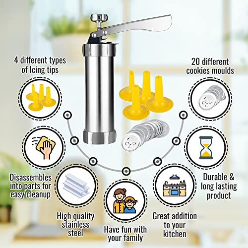 Cookie Press Kit with 20 Discs | Small Biscuit Maker Hand Press and Stamps for Cookies | 4 Icing Tips for Cake Decorating with Aluminum Cookie Gun