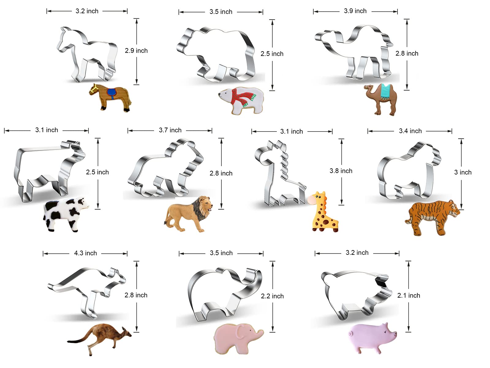 Animal Cookie Cutters Shapes for Kids Baking Large - Safari Zoo Animals 10 Piece Cookie Cutter Set with Horse, Polar Bear, Camel, Cow, Lion, Giraffe, Tiger, Kangaroo, Elephant, Pig Cookie Cutter Mold