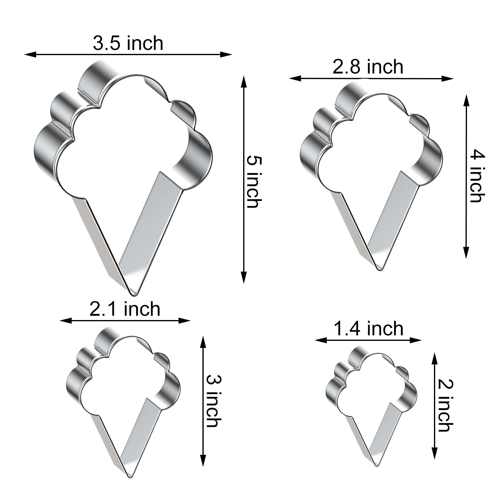 Ice Cream Cone Cookie Cutter Set in Assorted Large Sizes - 5", 4", 3", 2" - 4 Piece - Stainless Steel