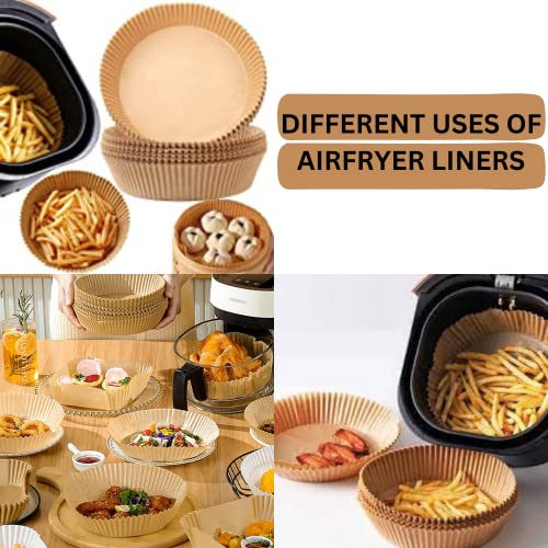 Pack of 128pcs having 100pcs Airfryer Liners 6.3inch with 1pc Silicone Brush, 7pc Compressed Towels And 20pc Disposable plastic gloves for kitchen, Air Fryer Disposable and Non-Stick Paper Liners.