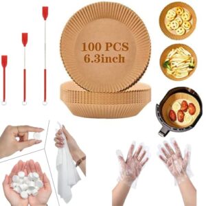 pack of 128pcs having 100pcs airfryer liners 6.3inch with 1pc silicone brush, 7pc compressed towels and 20pc disposable plastic gloves for kitchen, air fryer disposable and non-stick paper liners.