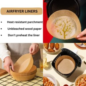 Pack of 128pcs having 100pcs Airfryer Liners 6.3inch with 1pc Silicone Brush, 7pc Compressed Towels And 20pc Disposable plastic gloves for kitchen, Air Fryer Disposable and Non-Stick Paper Liners.