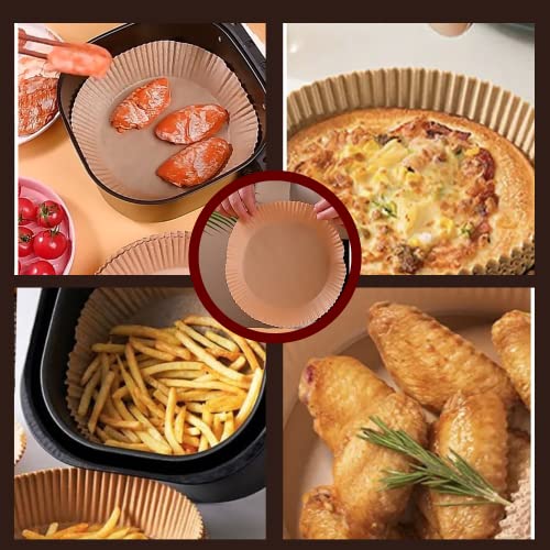 Pack of 128pcs having 100pcs Airfryer Liners 6.3inch with 1pc Silicone Brush, 7pc Compressed Towels And 20pc Disposable plastic gloves for kitchen, Air Fryer Disposable and Non-Stick Paper Liners.