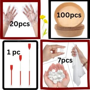 Pack of 128pcs having 100pcs Airfryer Liners 6.3inch with 1pc Silicone Brush, 7pc Compressed Towels And 20pc Disposable plastic gloves for kitchen, Air Fryer Disposable and Non-Stick Paper Liners.