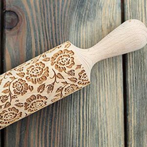 Roses Rolling Pin, flowers imprint utensil, floral ornamental pattern, embossing cookie stamp, engraved cookie roller