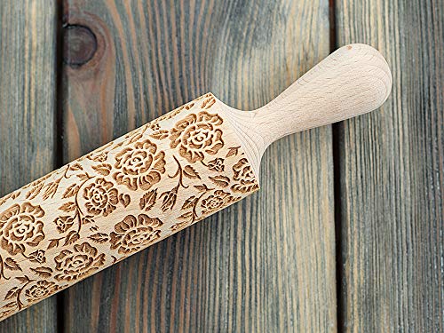 Roses Rolling Pin, flowers imprint utensil, floral ornamental pattern, embossing cookie stamp, engraved cookie roller