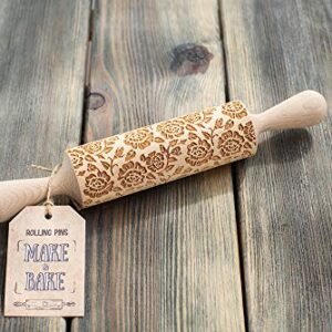 Roses Rolling Pin, flowers imprint utensil, floral ornamental pattern, embossing cookie stamp, engraved cookie roller