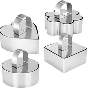 Defemim Stainless Steel 3D Cake Molds with Pusher Lifter Cooking Rings Set of 4,Baking Dish Bakeware Tools Cupcake Mold Mousse Ring Cheese Tools Salad Cake Dessert Mould(4 Different Shapes)