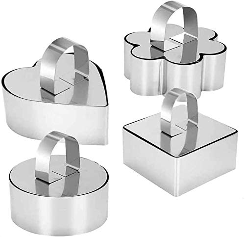 Defemim Stainless Steel 3D Cake Molds with Pusher Lifter Cooking Rings Set of 4,Baking Dish Bakeware Tools Cupcake Mold Mousse Ring Cheese Tools Salad Cake Dessert Mould(4 Different Shapes)