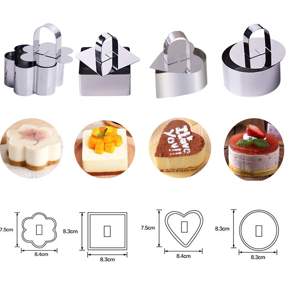 Defemim Stainless Steel 3D Cake Molds with Pusher Lifter Cooking Rings Set of 4,Baking Dish Bakeware Tools Cupcake Mold Mousse Ring Cheese Tools Salad Cake Dessert Mould(4 Different Shapes)