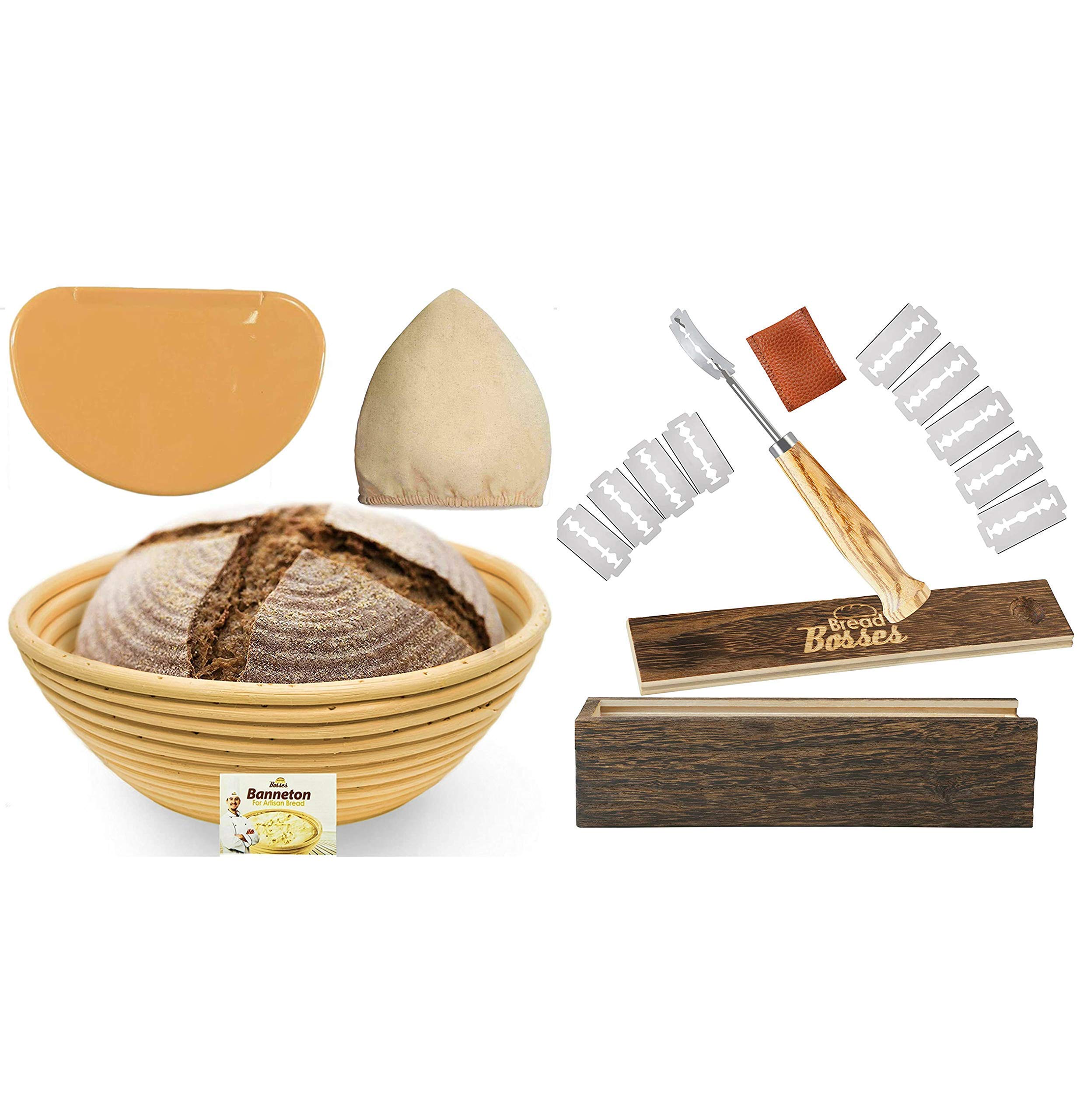 Bread Bosses Bread Bakers Lame Slashing Tool and 9 Inch Banneton Proofing Basket- Great as a Gift