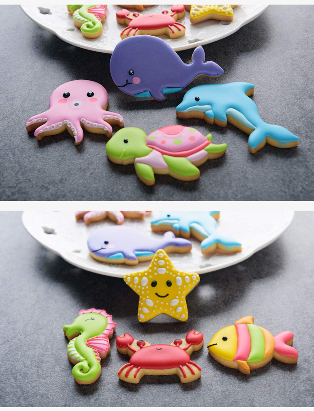 Cookie Cutters 8 Pieces Biscuit Sandwich Cutter Dolphin Whale Octopus Fish Shapes Vegetables Fruits Bread Crust Slicer Kit for Kids Bento Lunch Box