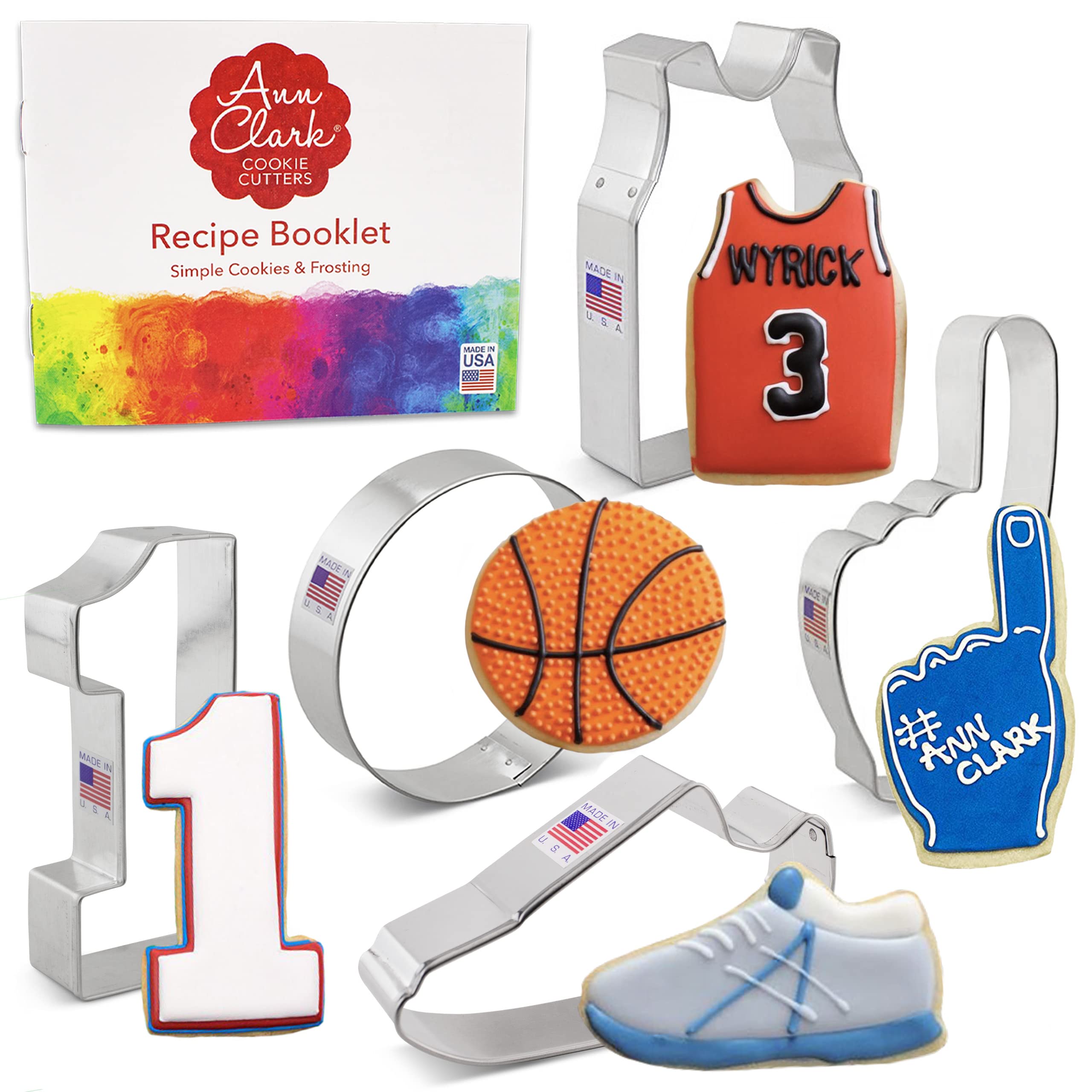 Basketball Cookie Cutters 5-Pc. Set Made in the USA by Ann Clark, Sneaker, Ball, Jersey, Number 1, Fan Hand