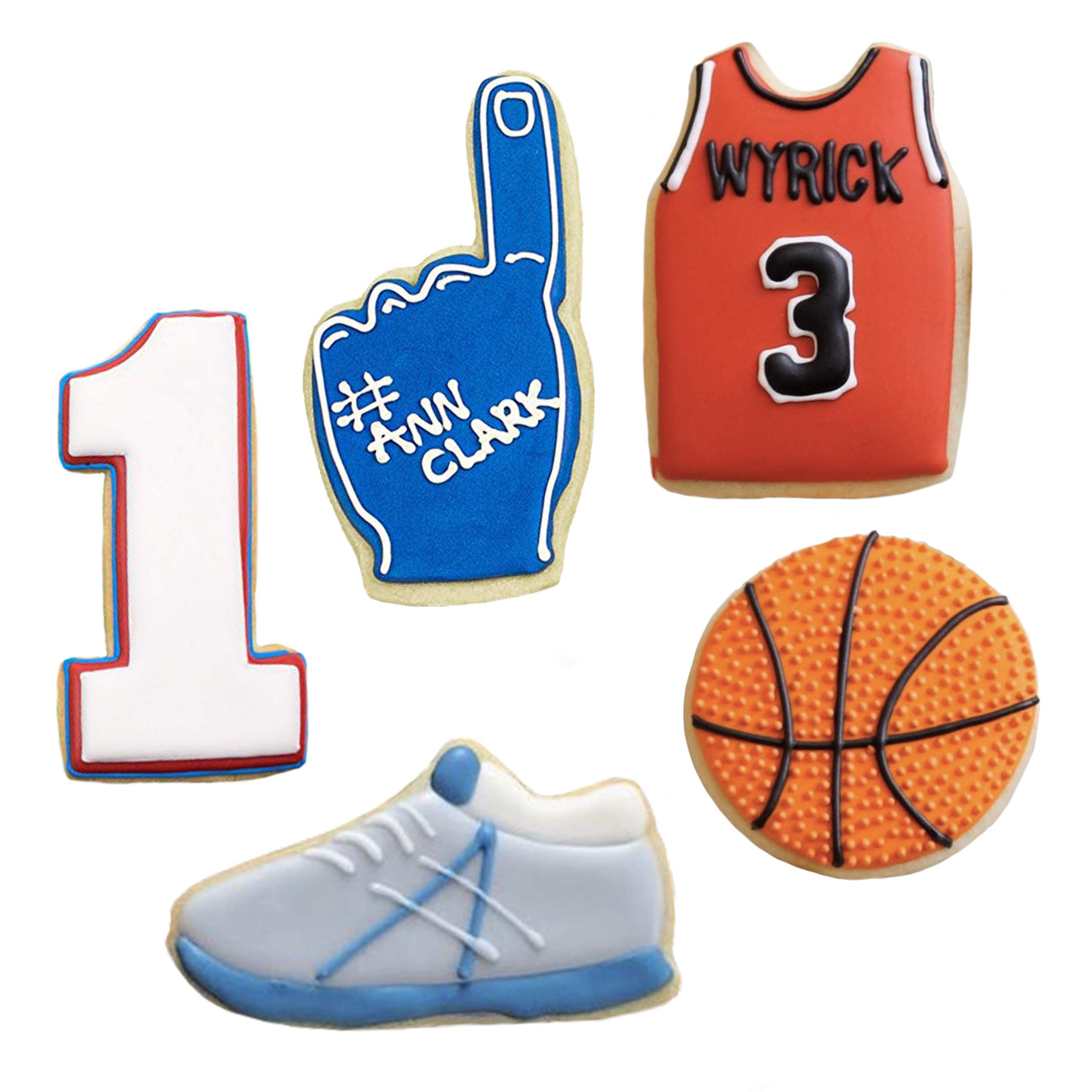 Basketball Cookie Cutters 5-Pc. Set Made in the USA by Ann Clark, Sneaker, Ball, Jersey, Number 1, Fan Hand