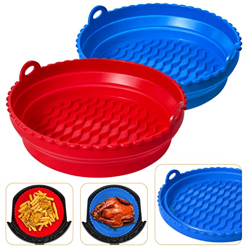 2-Pack Air Fryer Silicone Liners, 8.27in Foldable Silicone Air Fryer Pot for 5-8 Qt Reusable Silicone Air Fryer Baskets Oven Accessories 2 Pack（Blue+Red)