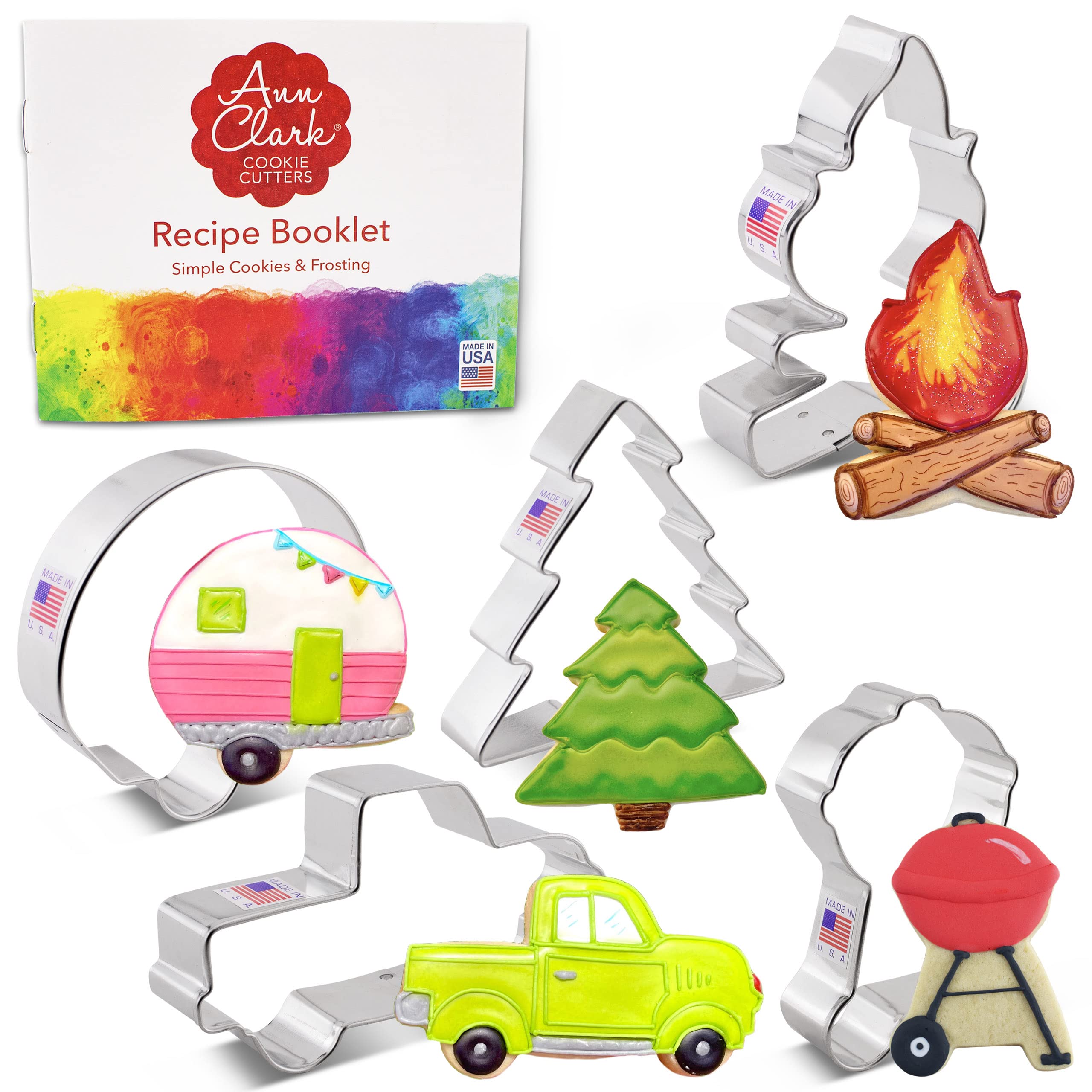 Camping Cookie Cutters 5-Pc. Set Made in the USA by Ann Clark, Camper, Campfire, Vintage Truck, Grill, Pine Tree