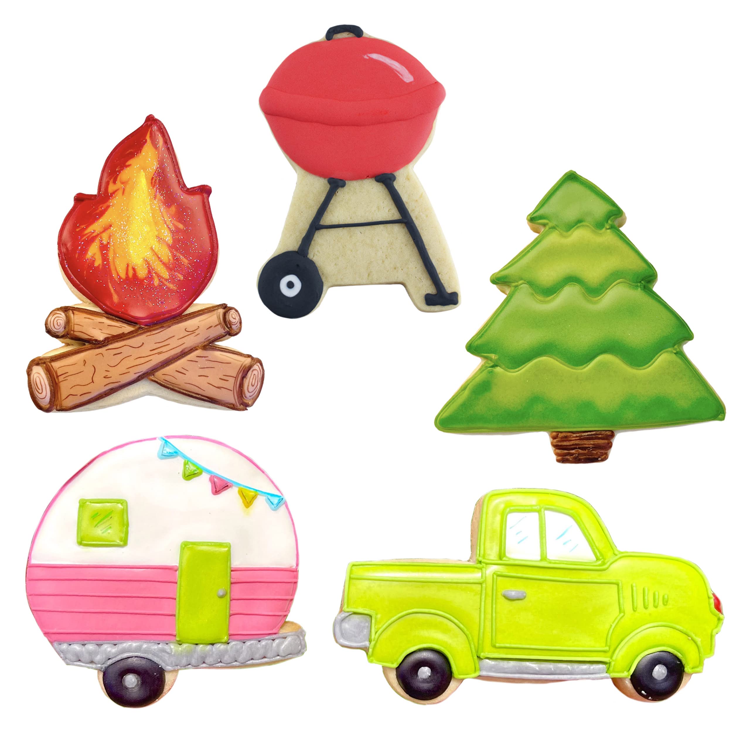 Camping Cookie Cutters 5-Pc. Set Made in the USA by Ann Clark, Camper, Campfire, Vintage Truck, Grill, Pine Tree