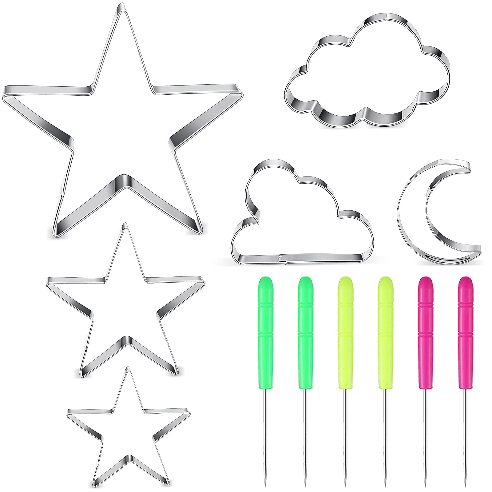 6 Piece Star Cookie Cutters Moon Cookie Cutters Cloud Cookie Cutters Stainless Steel Biscuit Cutter and 6 Pieces Sugar Stirring Pins for Kitchen Baking