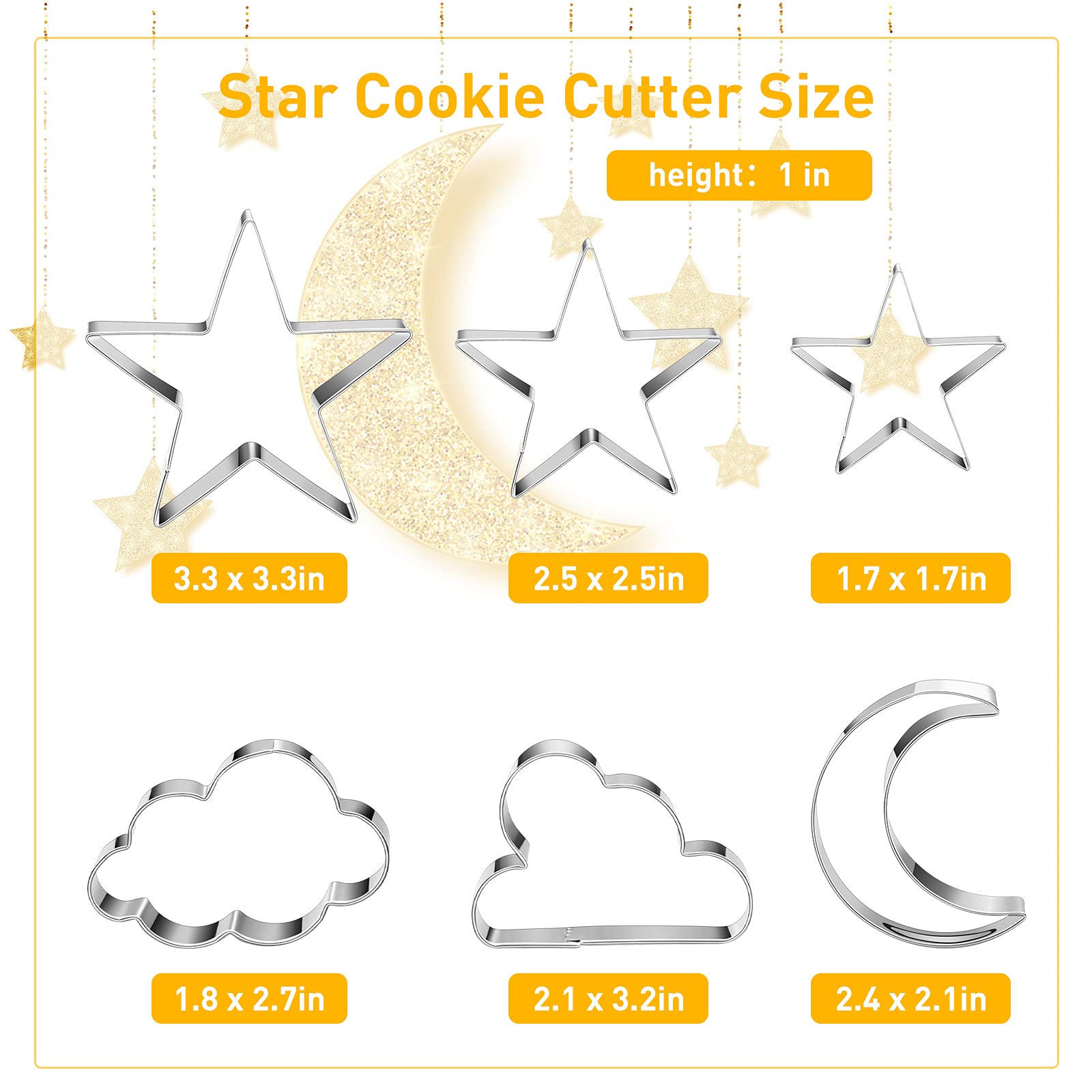 6 Piece Star Cookie Cutters Moon Cookie Cutters Cloud Cookie Cutters Stainless Steel Biscuit Cutter and 6 Pieces Sugar Stirring Pins for Kitchen Baking