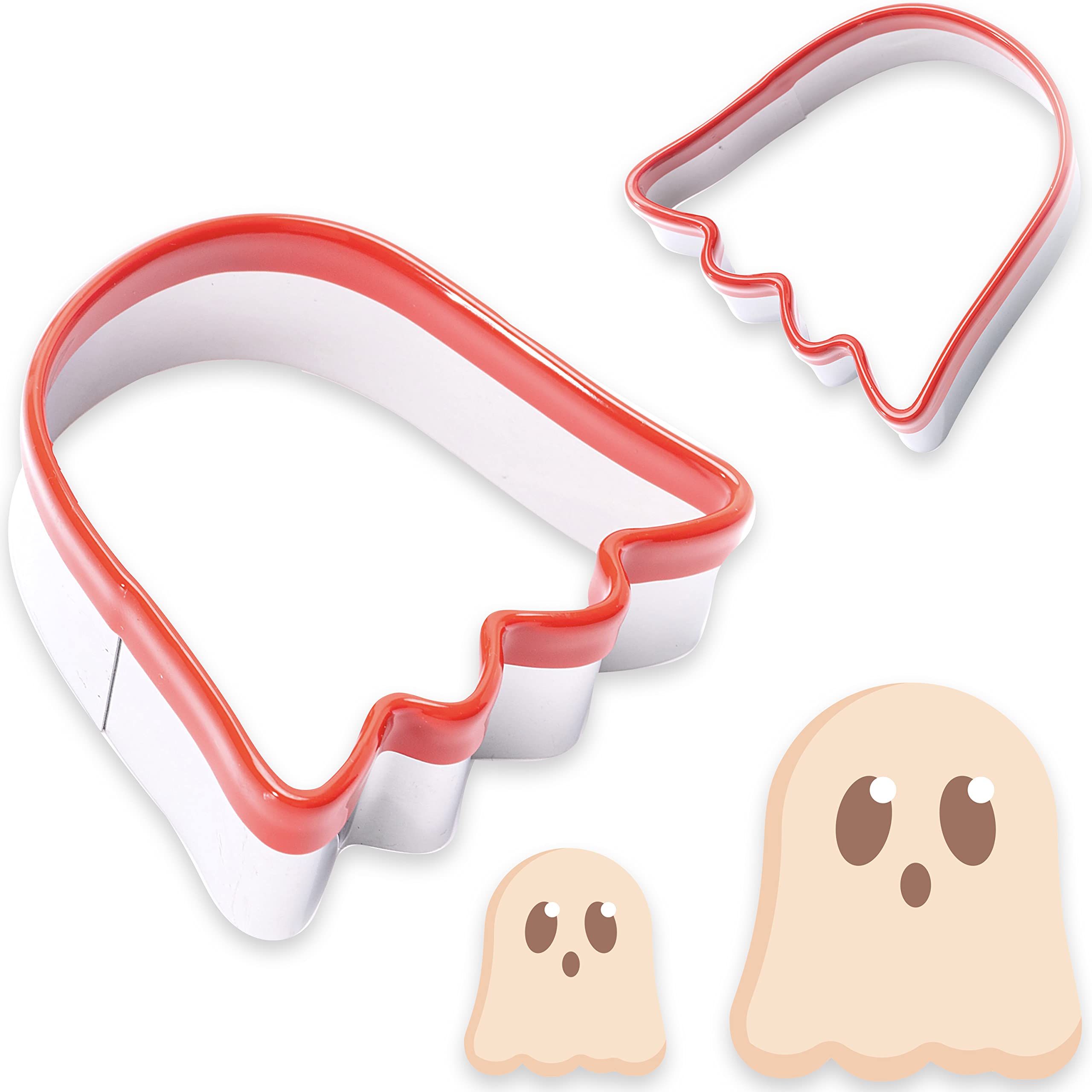 COOKIEQUE 2-Piece Halloween Ghost Cookie Cutter, Food-Grade Stainless Steel Sandwich Cutters, Biscuit Cutter set, Holiday Cookie Cutters, Unique Design with Protective Red Top PVC