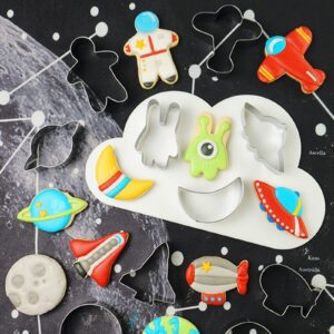 Mini Space Alien Series Cookie Cutter Set of 9 pcs, Stainless Steel Universe UFO Alien Fondant Cutters Set Pastry Biscuit Baking Clay DIY Molds for Kids