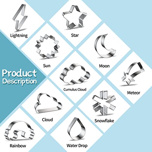 CookDaoMo Weather Shapes Cookie Cutters Set of 10 Pcs,Stainless Steel Cookie Cutters Molds Lightning,Star,Sun,Moon,Cumulus Cloud,Meteor,Cloud,Snowflake,Rainbow,Water Drop Pattern