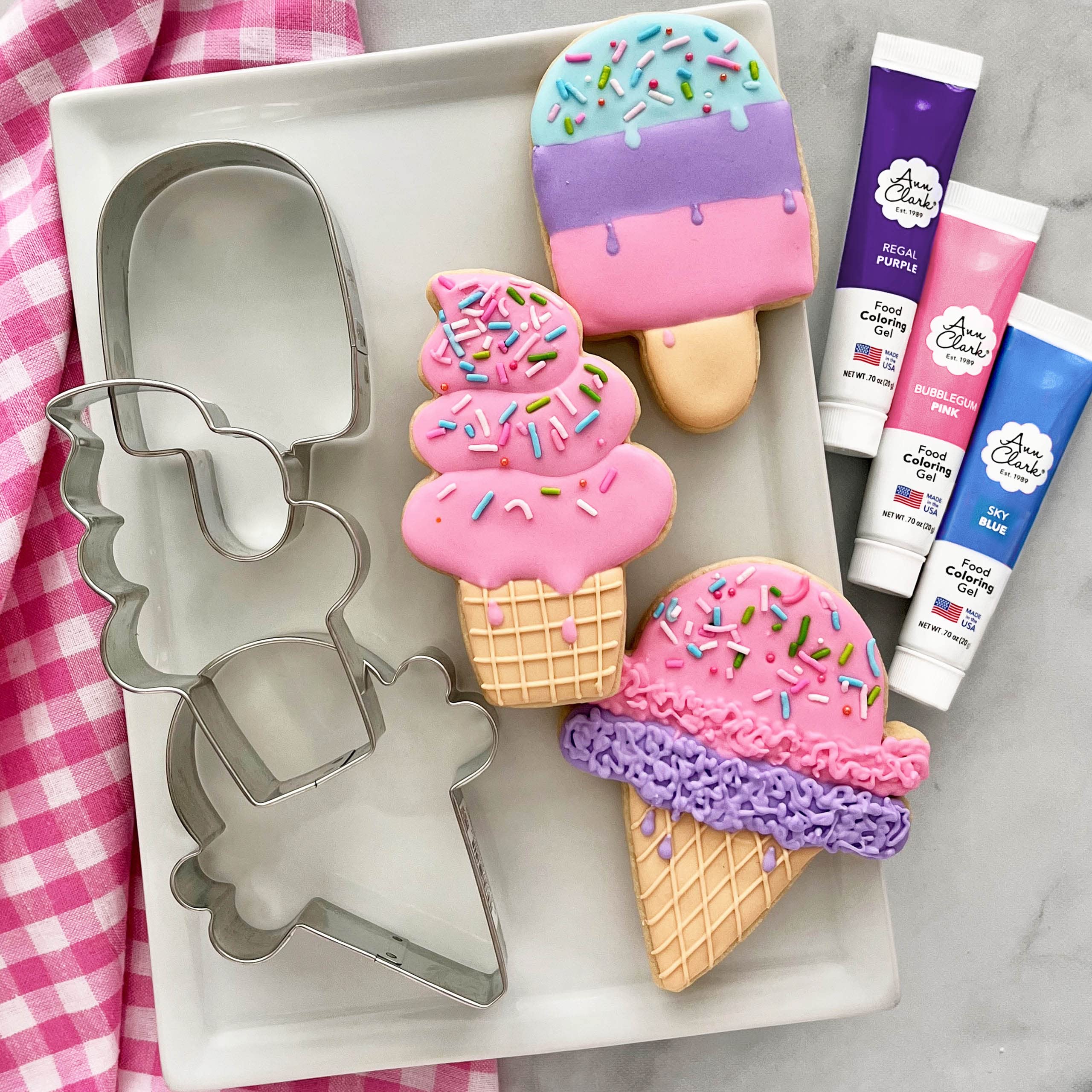 Ice Cream Cookie Cutters and Decorating 6-Pc. Set Made in USA by Ann Clark, Hard Ice Cream Cone, Soft Serve, Popsicle, Purple, Pink, & Sky Blue Food Coloring Gel