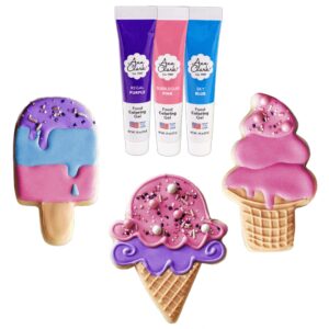 Ice Cream Cookie Cutters and Decorating 6-Pc. Set Made in USA by Ann Clark, Hard Ice Cream Cone, Soft Serve, Popsicle, Purple, Pink, & Sky Blue Food Coloring Gel