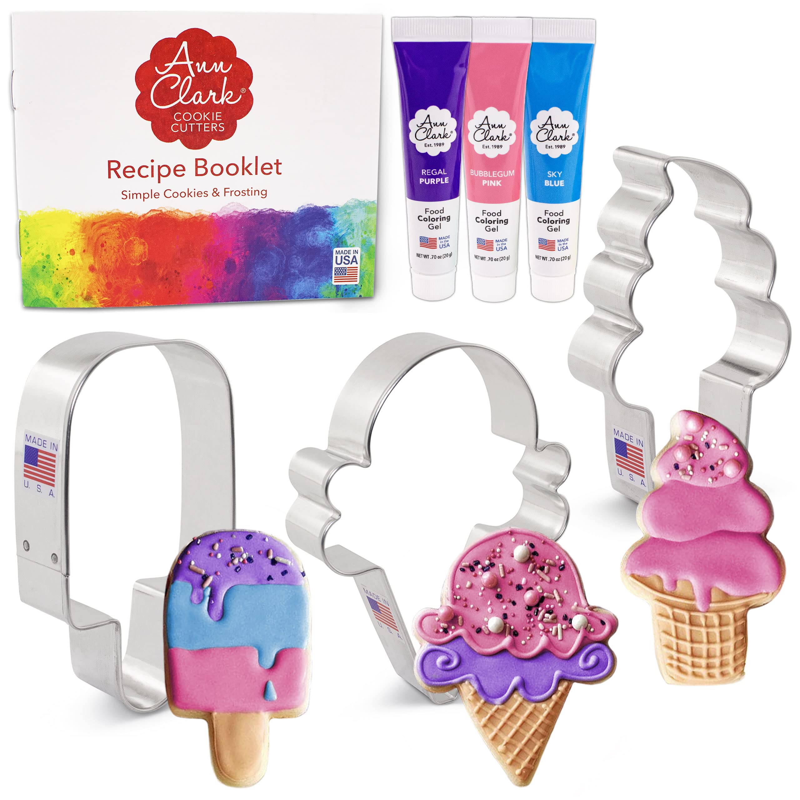 Ice Cream Cookie Cutters and Decorating 6-Pc. Set Made in USA by Ann Clark, Hard Ice Cream Cone, Soft Serve, Popsicle, Purple, Pink, & Sky Blue Food Coloring Gel