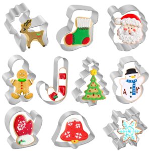 christmas cookie cutters, 10 pieces large metal cookie cutters shape - gingerbread man, snowflake, snowman, christmas tree, bell, reindeer & more for holiday, stainless steel