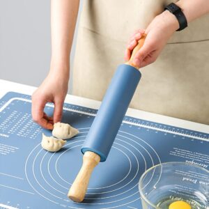 Silicone Rolling Pin Non Stick Surface Wooden Handle,rolling pins for baking,Blue Rolling Pin Handle Rolling Pin Non-Stick Silicone Rolling for Home Kitchen Cake