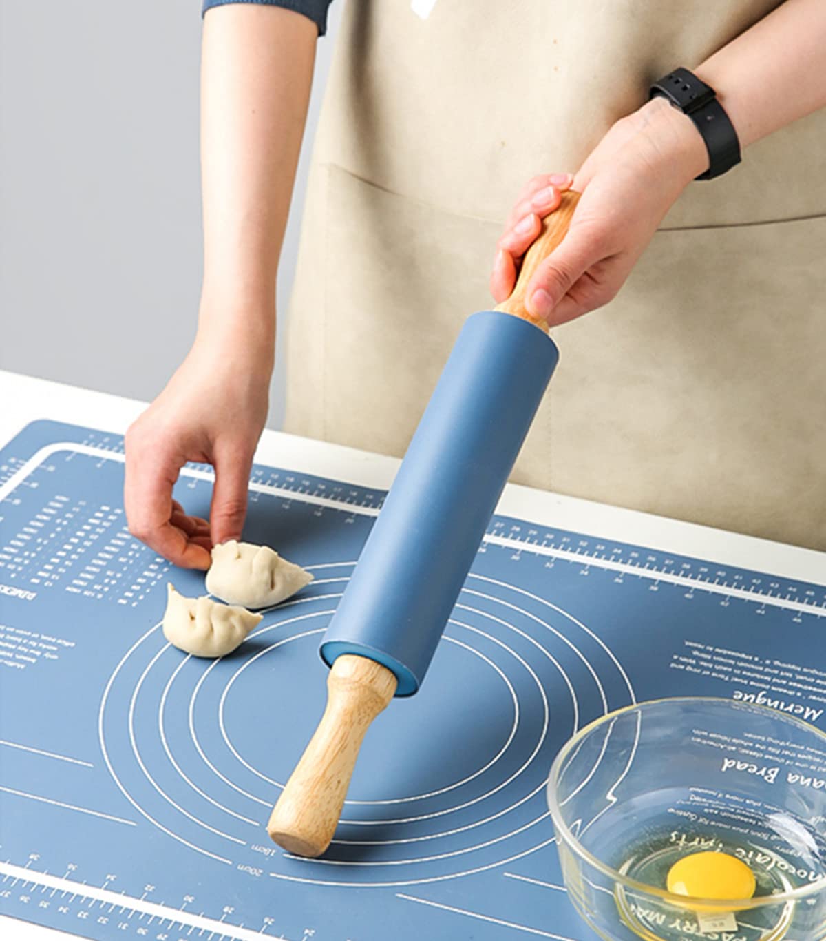 Silicone Rolling Pin Non Stick Surface Wooden Handle,rolling pins for baking,Blue Rolling Pin Handle Rolling Pin Non-Stick Silicone Rolling for Home Kitchen Cake