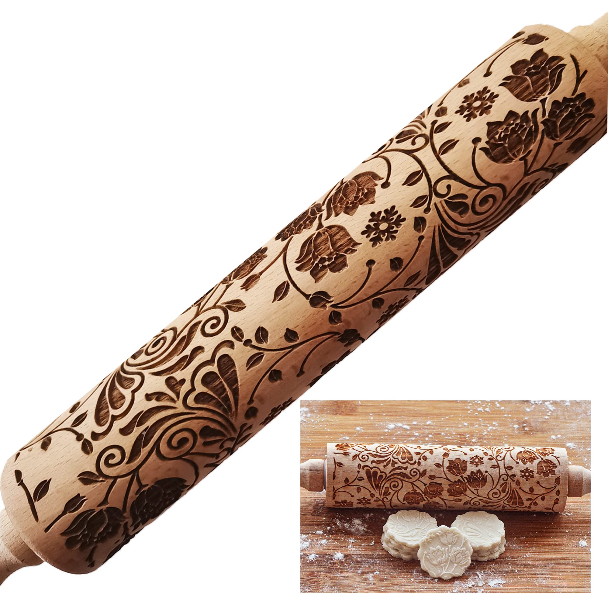 Cosybeau Embossed Rolling Pins for Christmas Baking, 17 inch Large Wooden Roller Pin with Designs Pattern, Best Gift for Wedding, Holiday, Mother, Friends (Lotus)