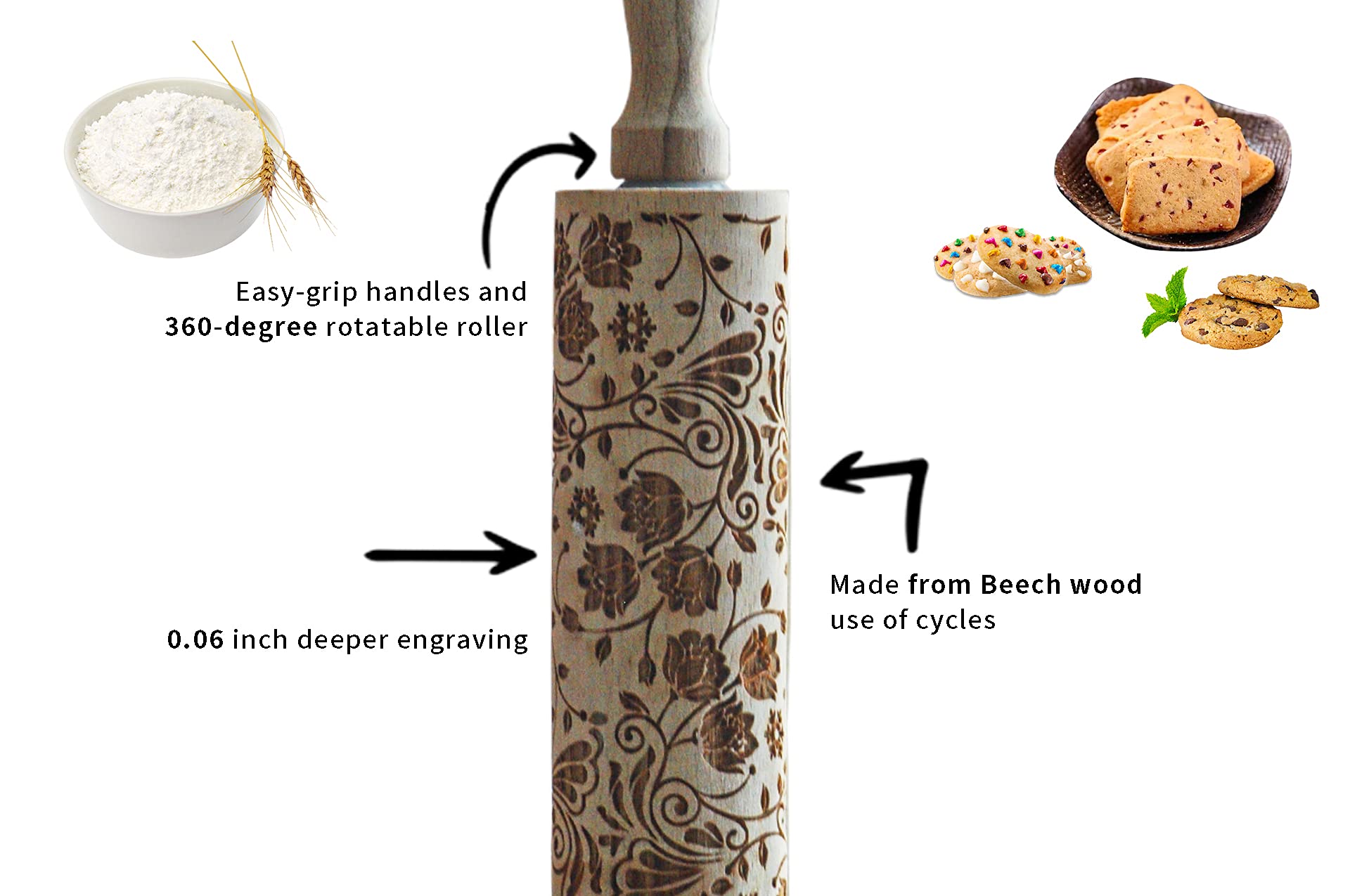 Cosybeau Embossed Rolling Pins for Christmas Baking, 17 inch Large Wooden Roller Pin with Designs Pattern, Best Gift for Wedding, Holiday, Mother, Friends (Lotus)