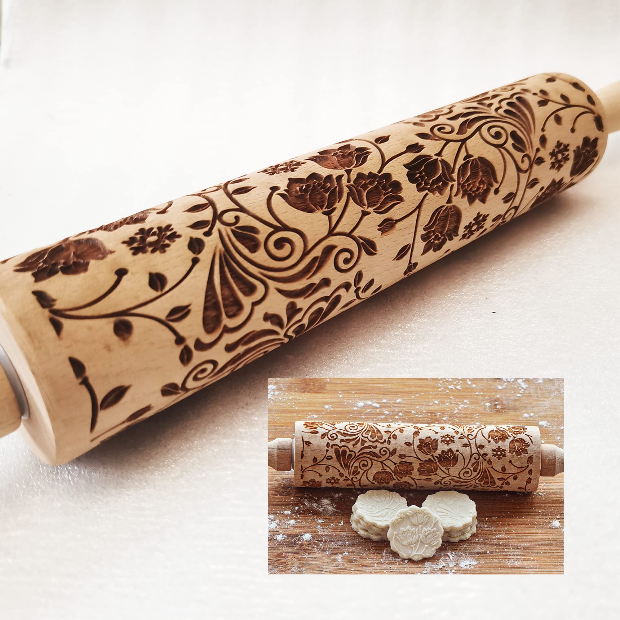 Cosybeau Embossed Rolling Pins for Christmas Baking, 17 inch Large Wooden Roller Pin with Designs Pattern, Best Gift for Wedding, Holiday, Mother, Friends (Lotus)