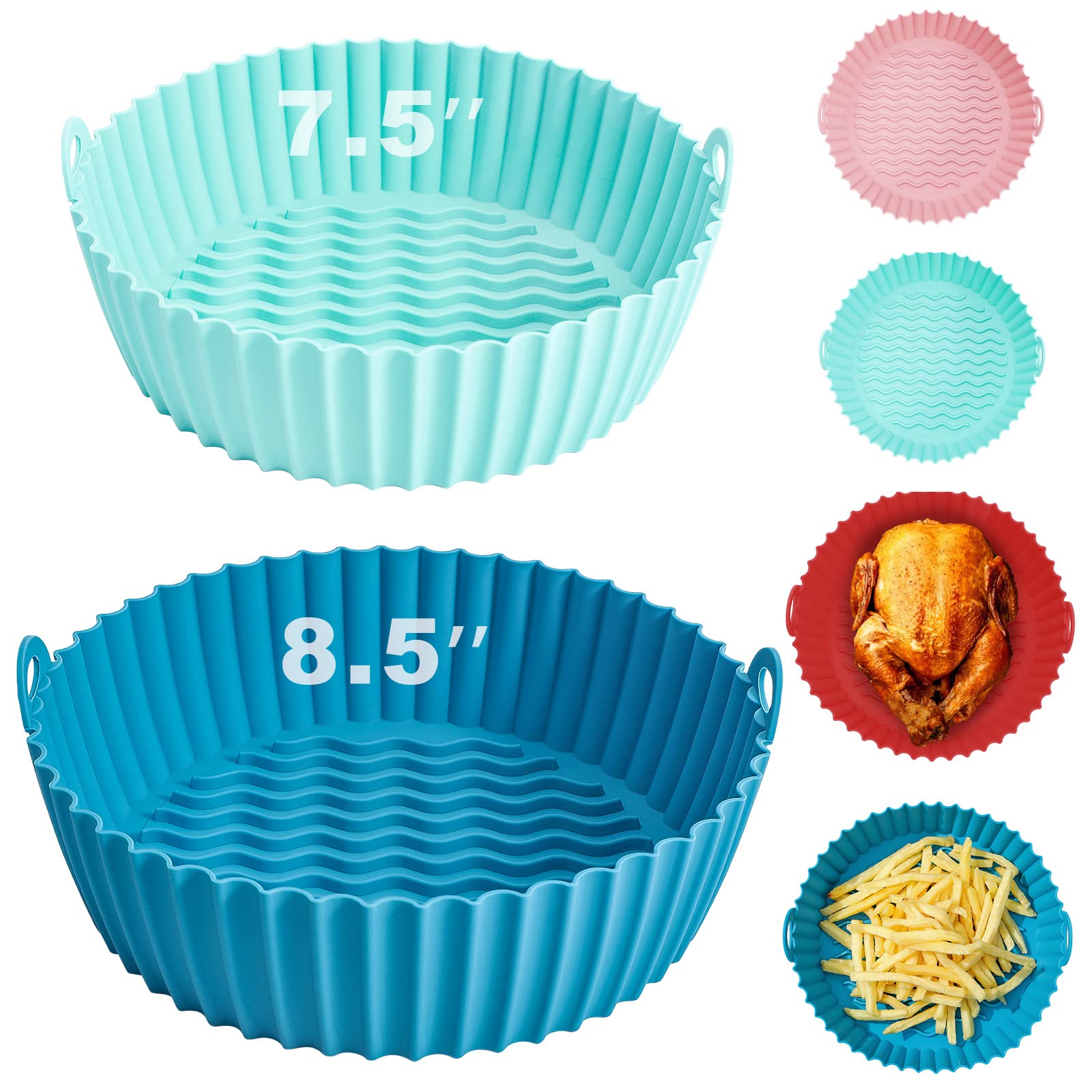 4 Pcs Air Fryer Silicone Liners Pot, Air fryers Silicone Liner Heat Resistant,Silicone Liners Pot Basket for Round Airfryer,Easy Cleaning Air fryer Oven Accessories 2 Size(8.5inch,7.5 inch,)