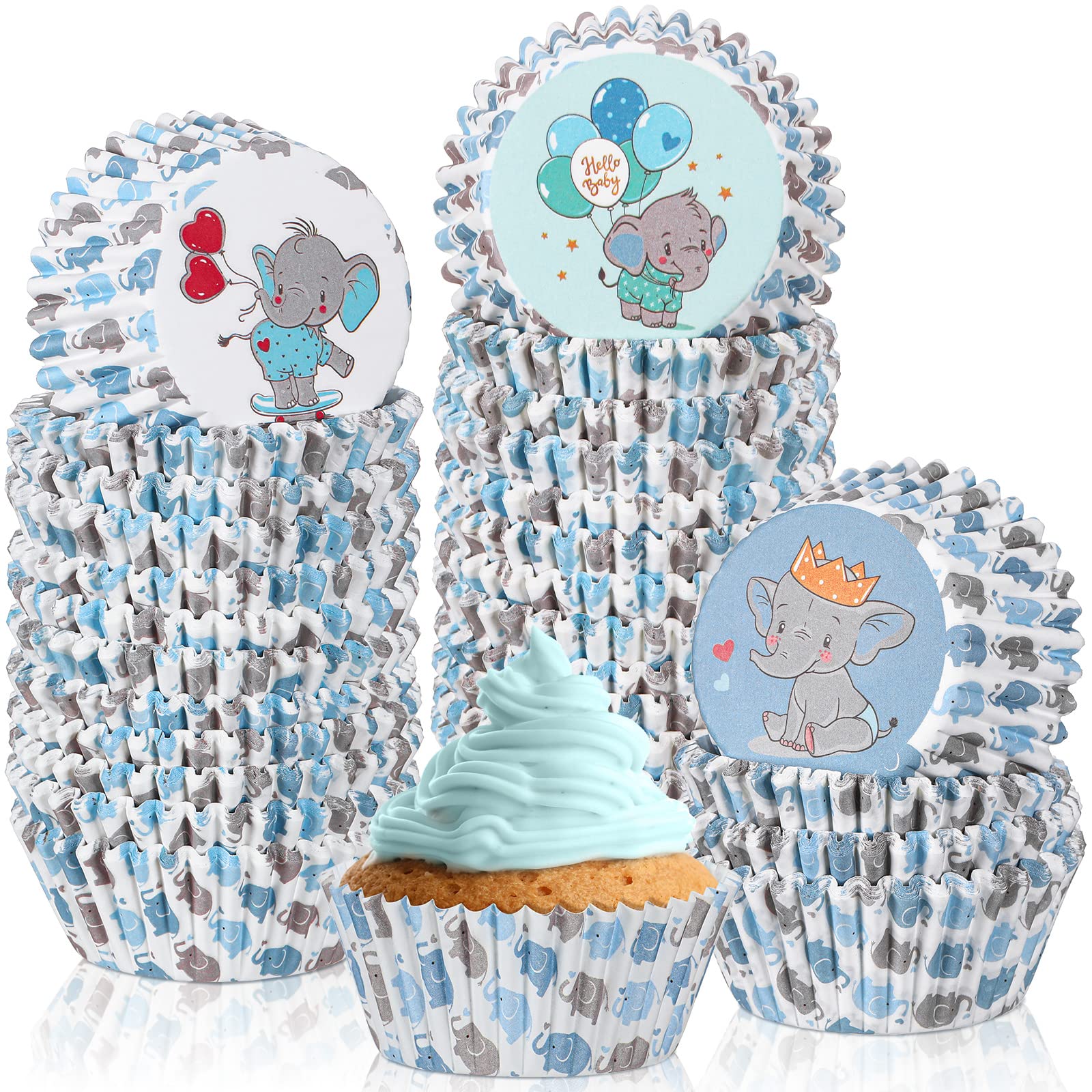 300 count Baby Shower Cupcake Liners Boy Elephant Muffin Cups Paper Liners Blue Cupcake Wrappers Baking Cups Baking Liners Holders for Baby Boy Birthday Party Decorations