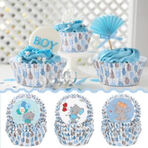 300 count Baby Shower Cupcake Liners Boy Elephant Muffin Cups Paper Liners Blue Cupcake Wrappers Baking Cups Baking Liners Holders for Baby Boy Birthday Party Decorations