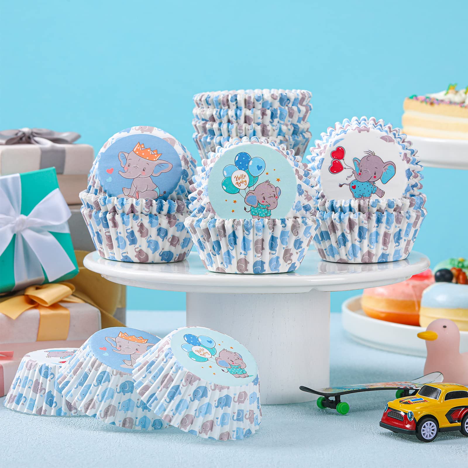 300 count Baby Shower Cupcake Liners Boy Elephant Muffin Cups Paper Liners Blue Cupcake Wrappers Baking Cups Baking Liners Holders for Baby Boy Birthday Party Decorations