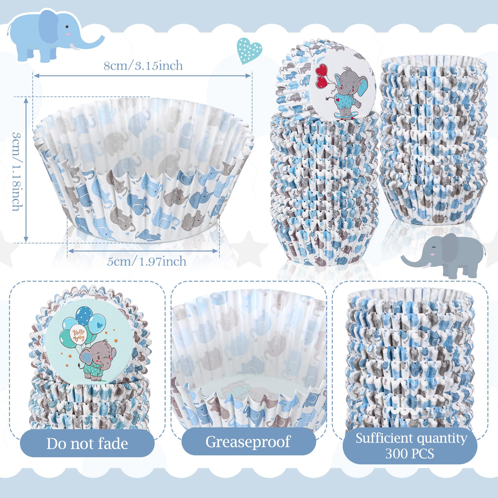 300 count Baby Shower Cupcake Liners Boy Elephant Muffin Cups Paper Liners Blue Cupcake Wrappers Baking Cups Baking Liners Holders for Baby Boy Birthday Party Decorations