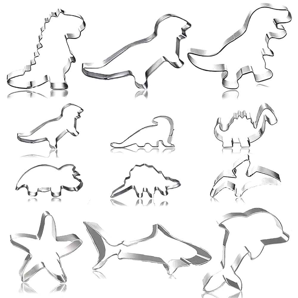 12 pcs Cookie Cutters, BOSOIRSOU 6 pcs 3" and 6 pcs 1.5" Dinosaur Sea Creature Shape Stainless Steel Biscuit Metal Molds for Kitchen Baking Cake Candy Bread